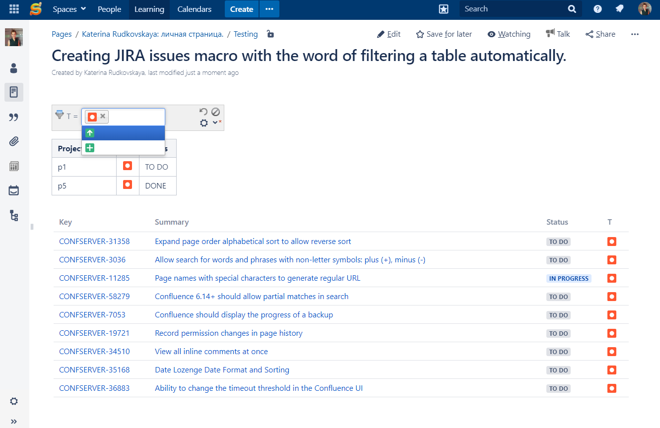 Creating JIRA issues macro with the word of filter...