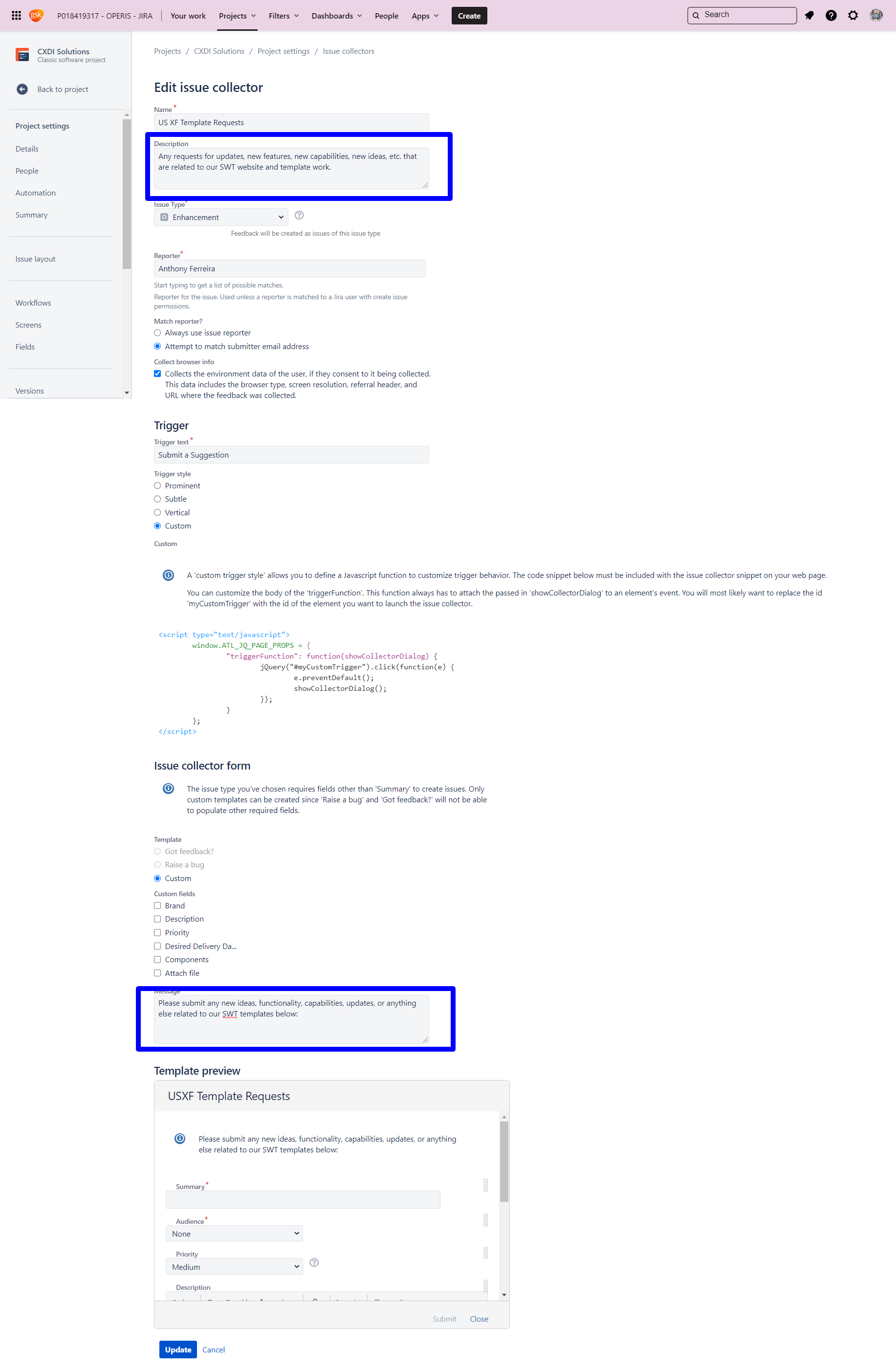 Editing a live Issue Collector Description & Messa...