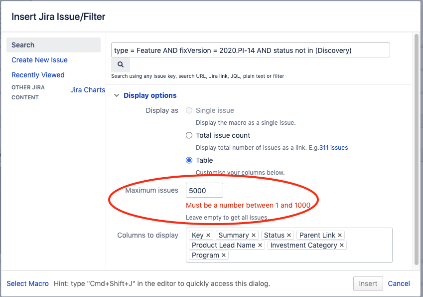 Maximum issues on "Jira Issue/Filter" Confluence m...