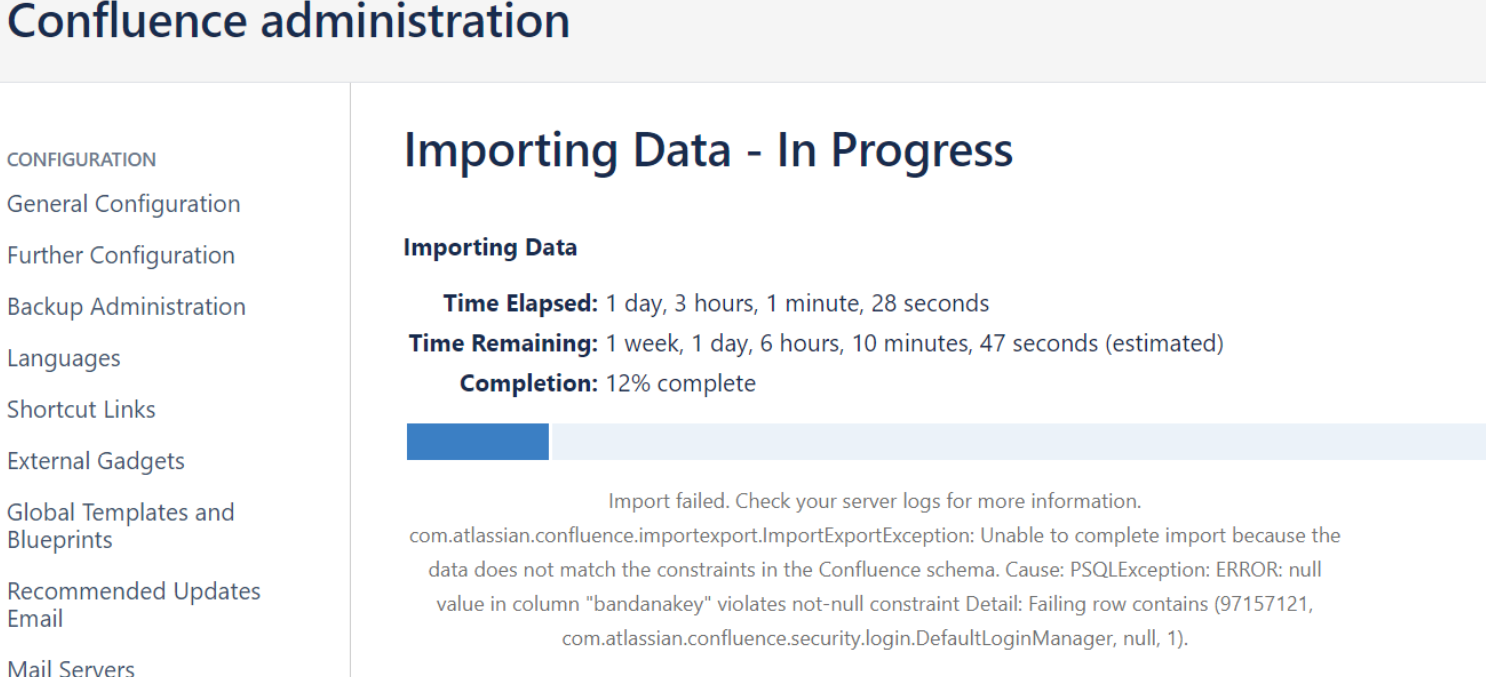 Unable to import XML backup to Confluence data cen...