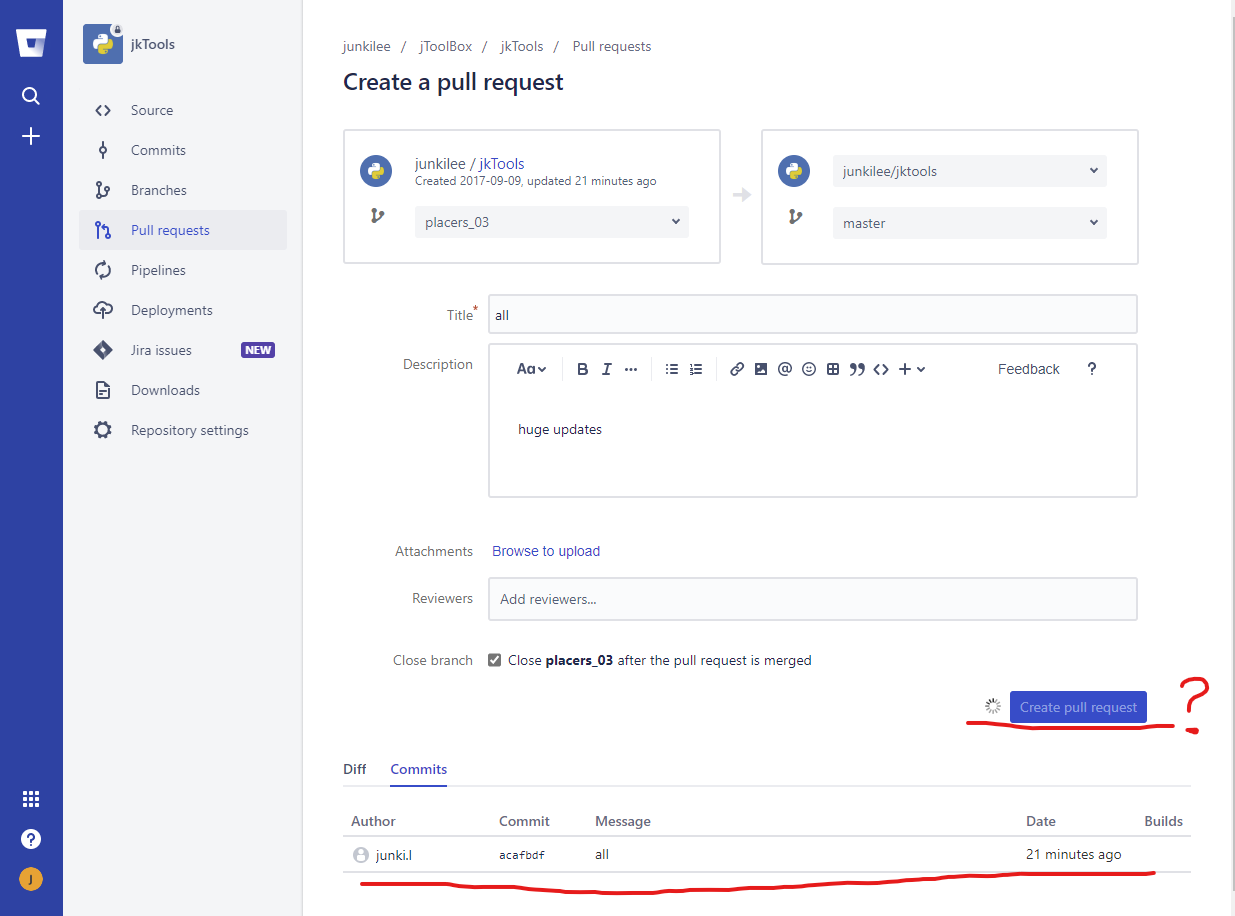 Solved: I can't create a pull request based on my commit