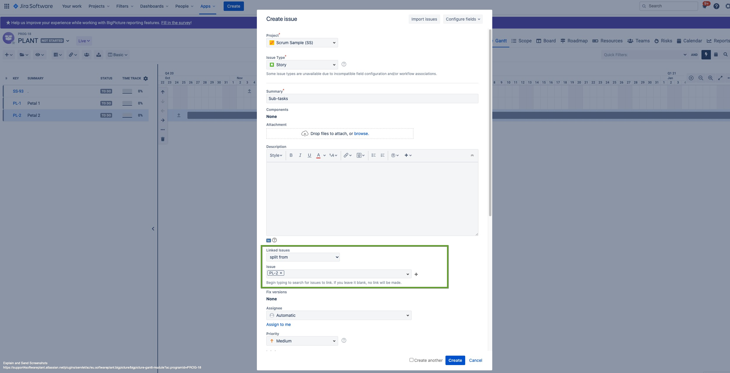 Add Link-Type while adding Gantt Sub-Task in BigPi...