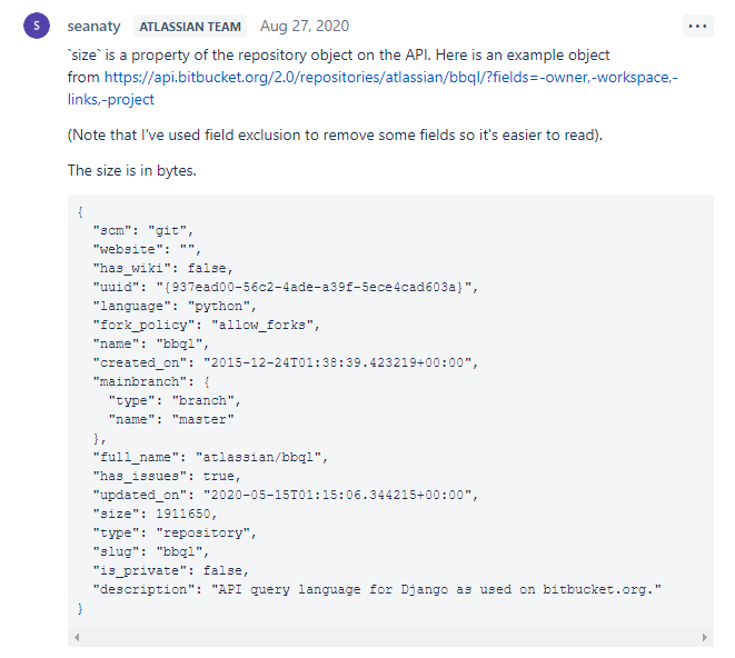 Solved: How to get the Bitbucket repo size by API