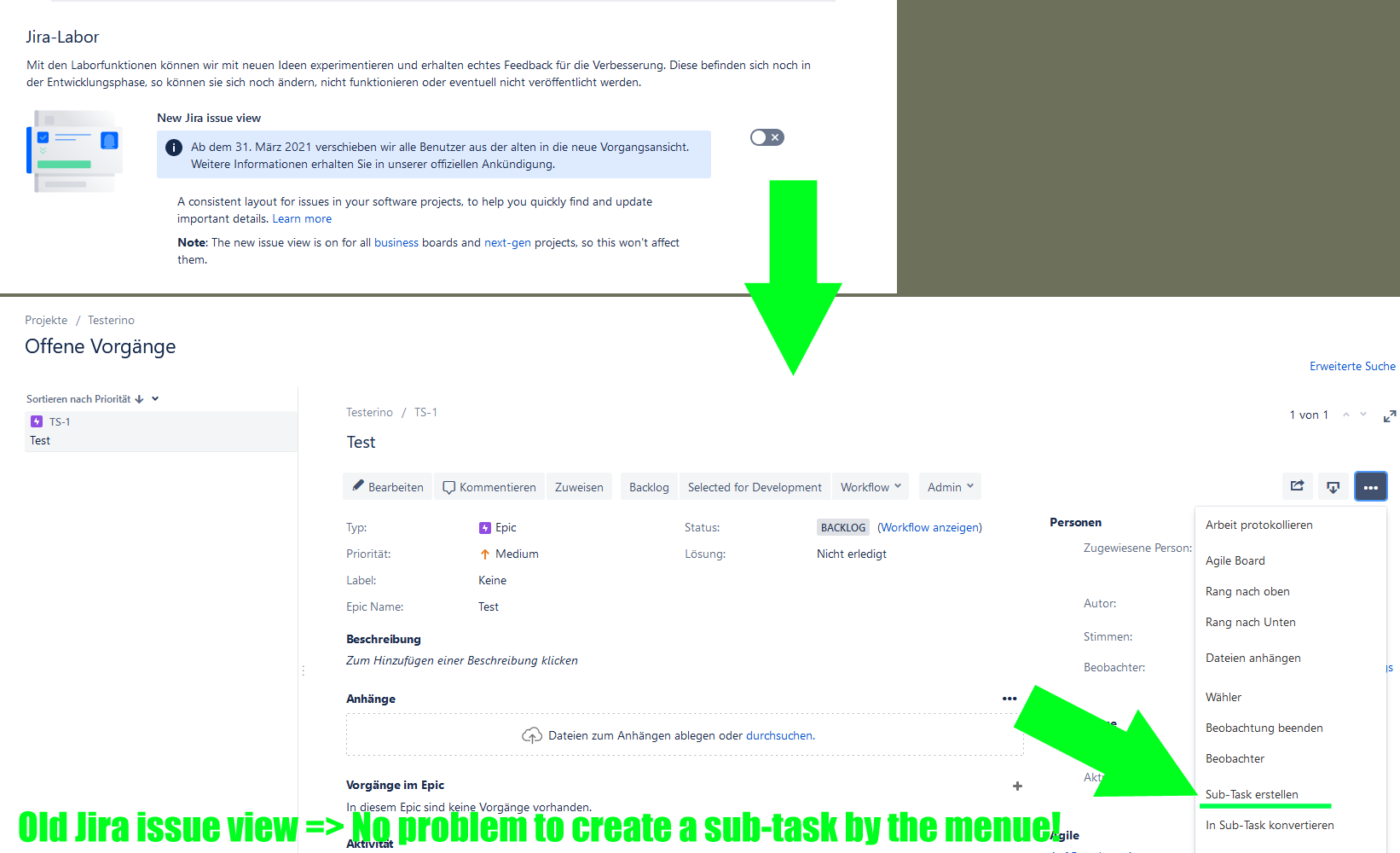 No "create subtask"-button in new Jira issue view