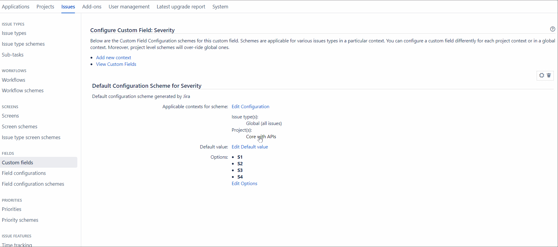 Add new custom field drop down called "Severity" n...