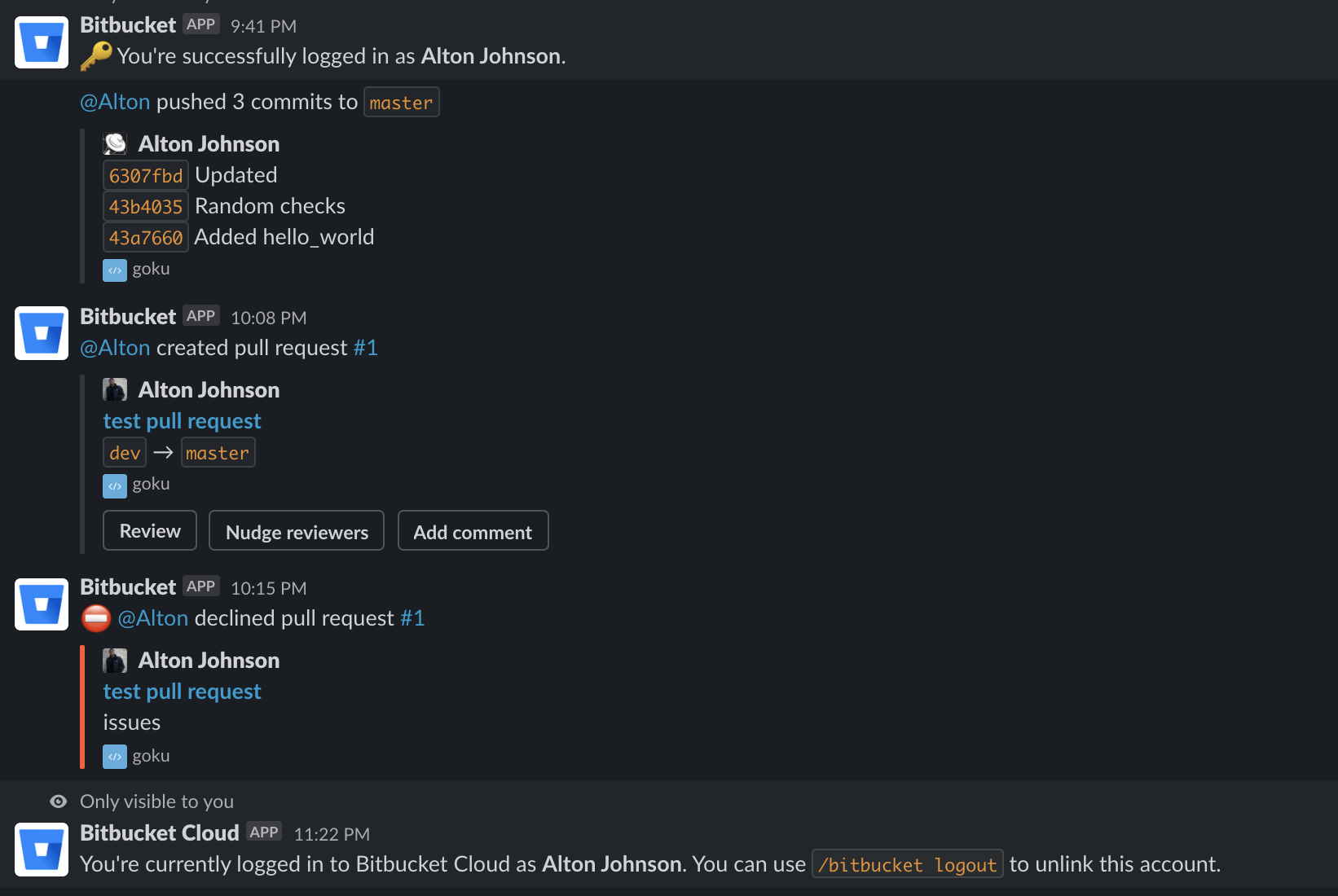 Slack BitBucket chats integrations add-on error