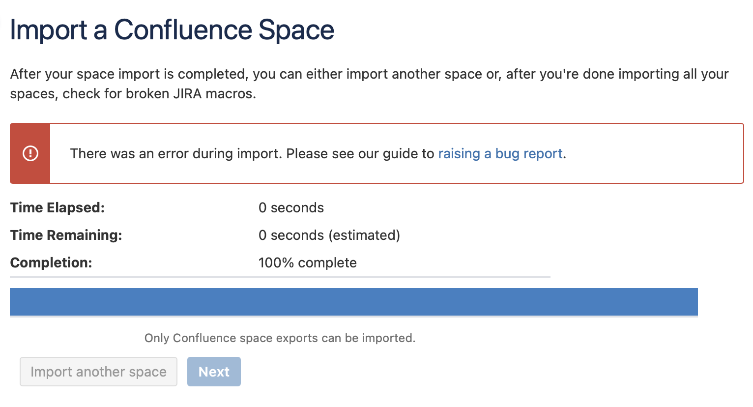 Solved: Import a Confluence Spaces constantly fails (error...