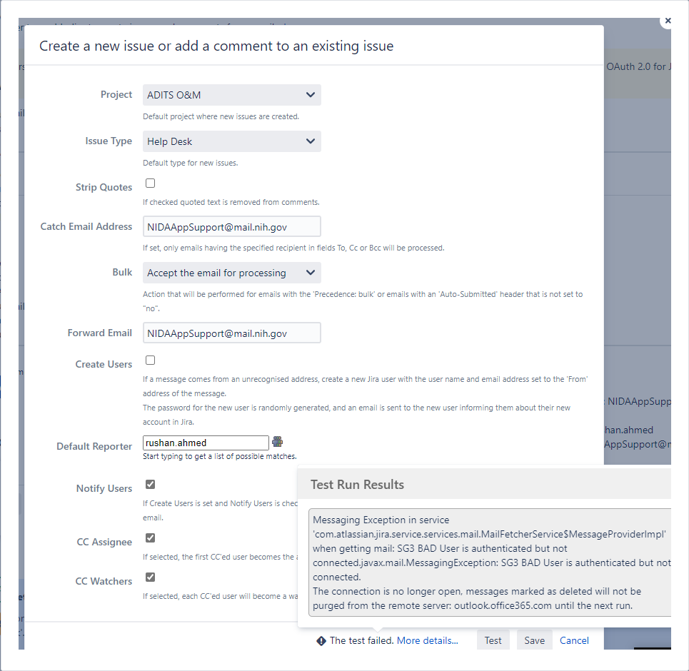 trying to configure "email to Jira Ticket", but ge...