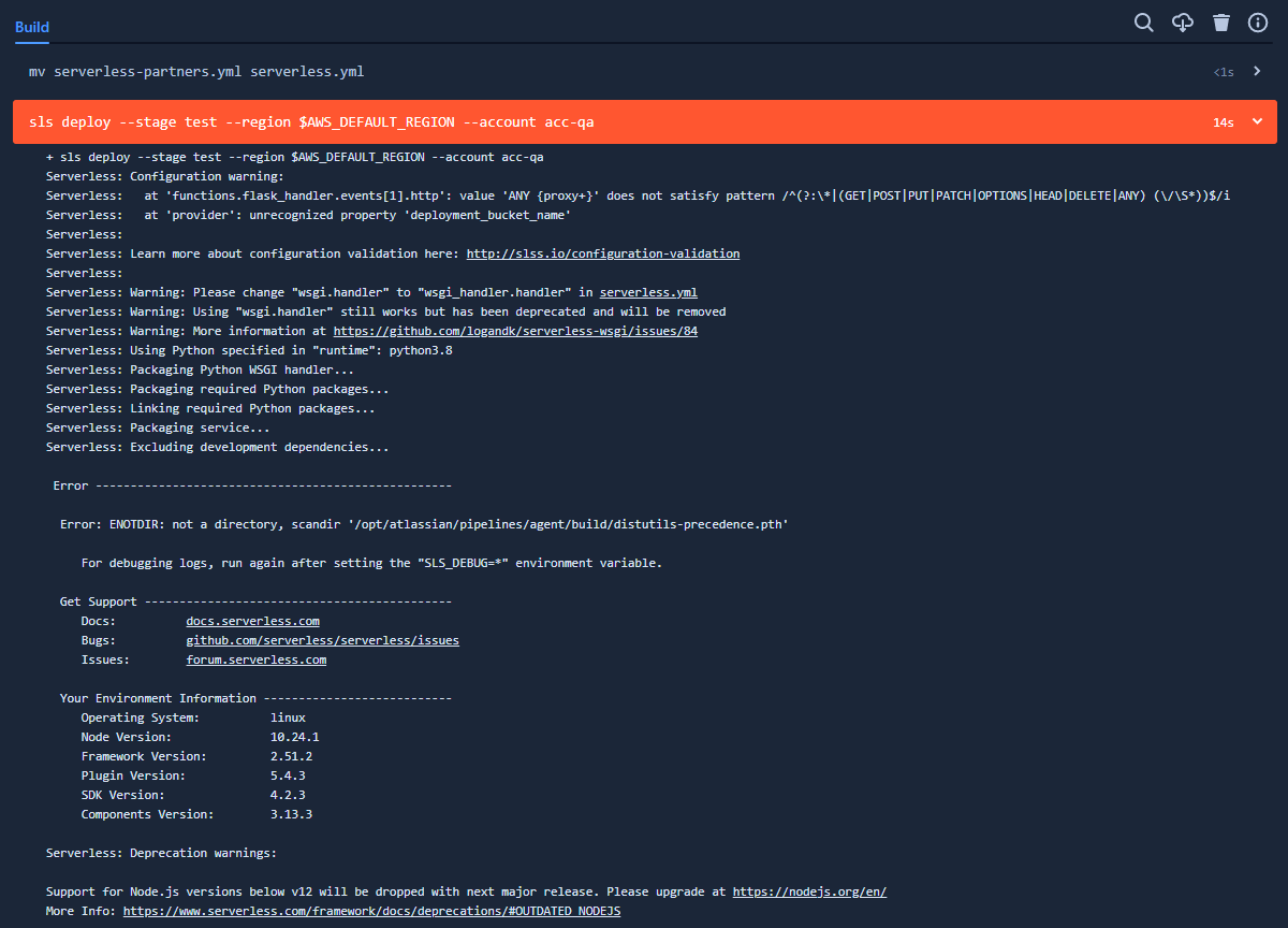 Bitbutcket sls deploy Error: ENOTDIR: not a direct...