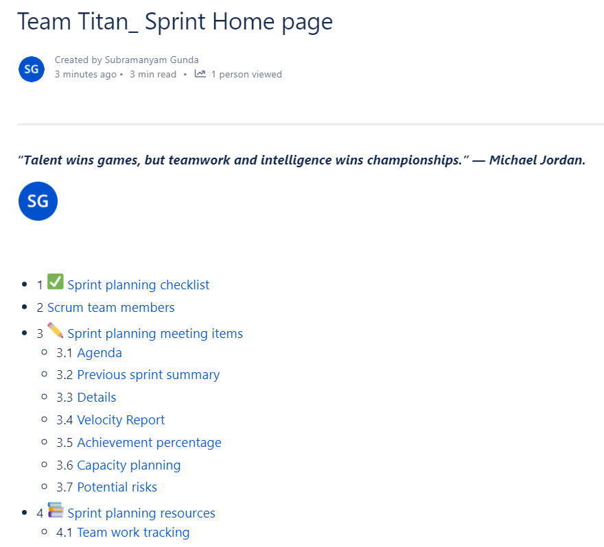 Confluence dashboard for Scrum ceremonies