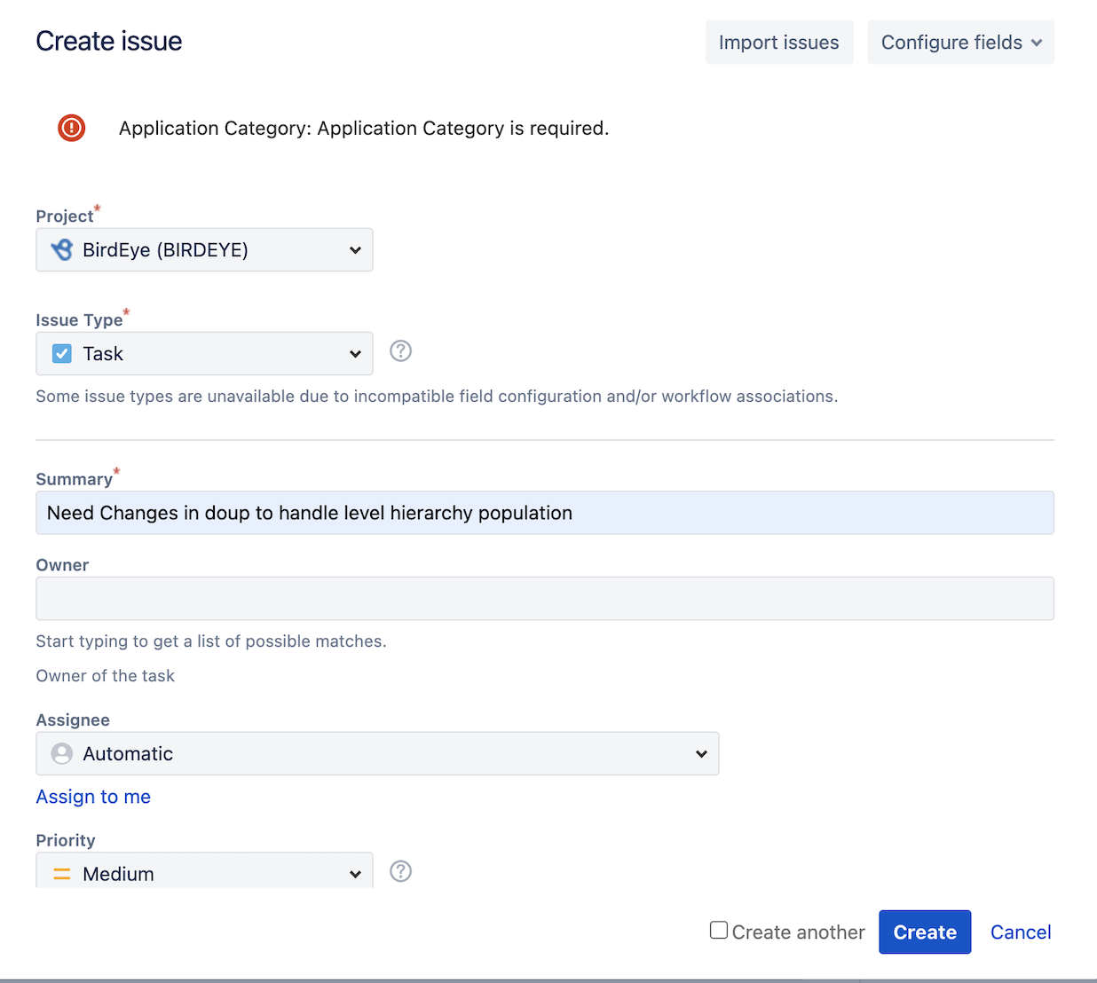 Not able to create JIRA with error Application Cat...