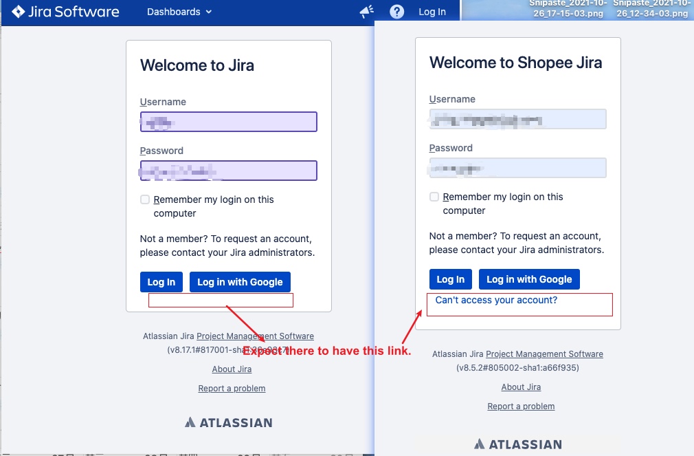 "Can't access you account?" link not displayed.