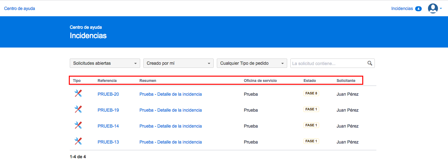 Fields in the list of requests of the Customer Por...