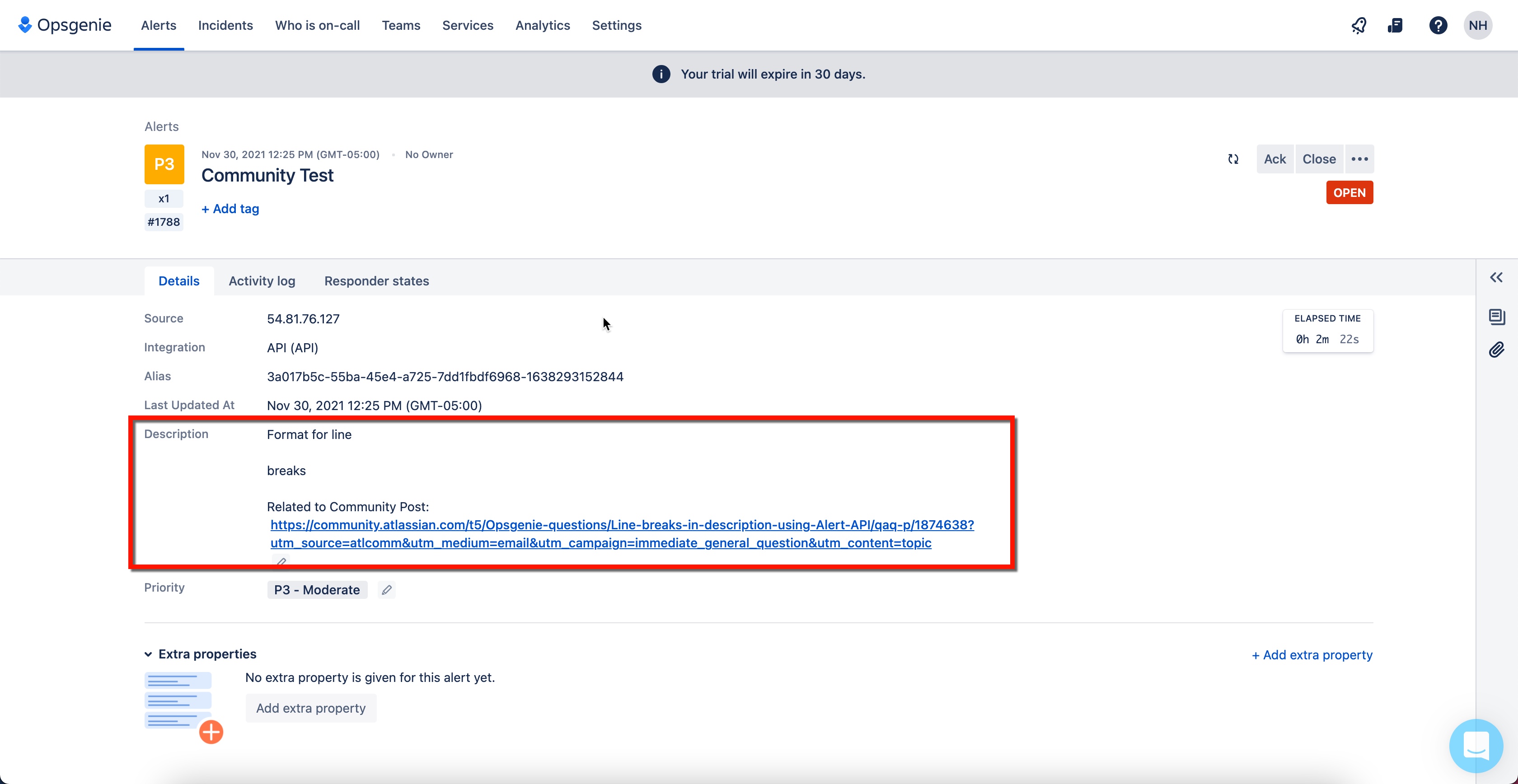 Solved: Line breaks in description using Alert API
