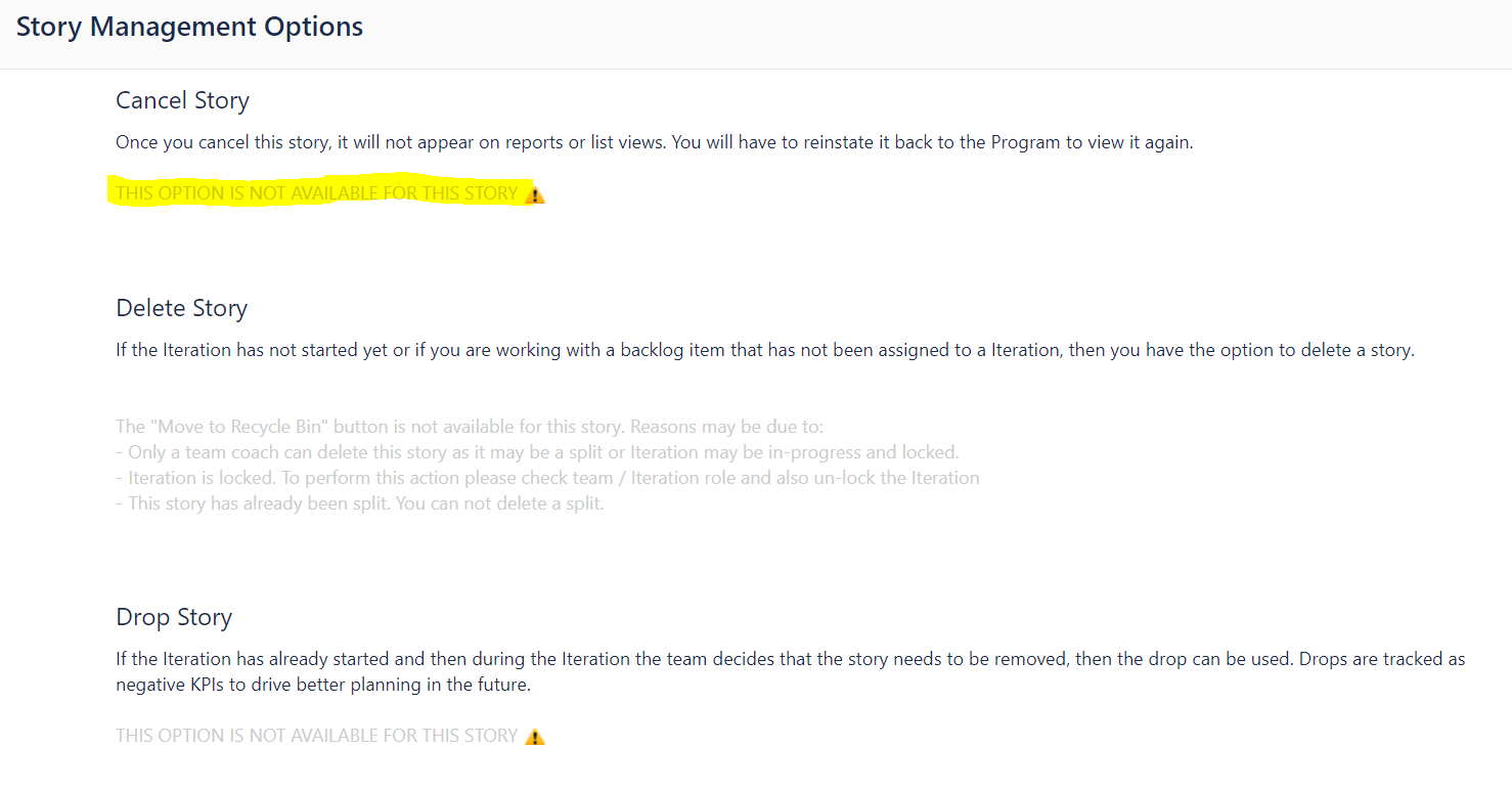 Unable to cancel a user story