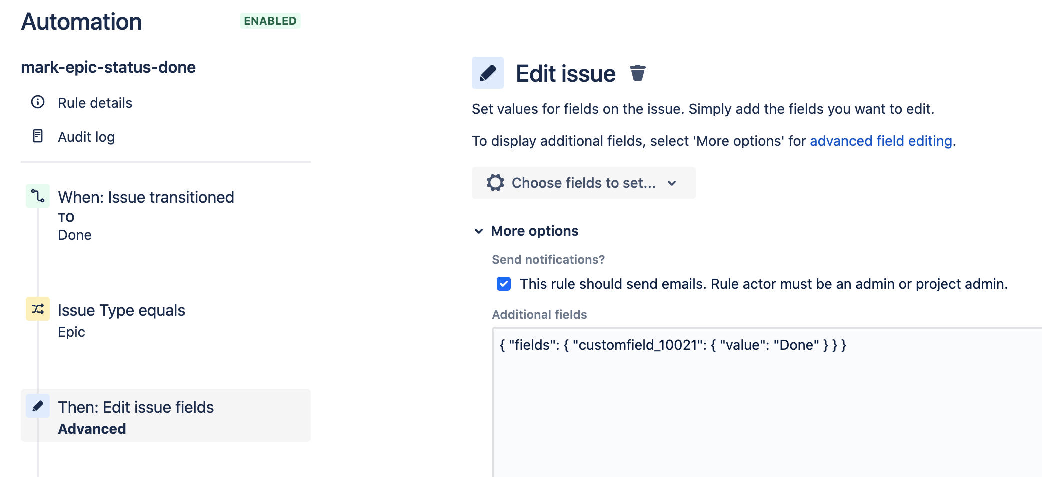 Solved: set epic status to done on issue ark as done