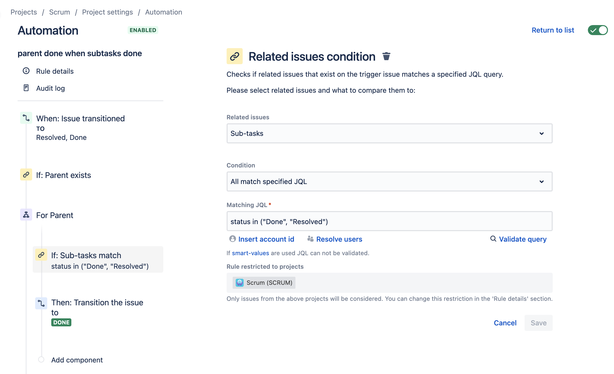 Automation - Ticket parent and subtask