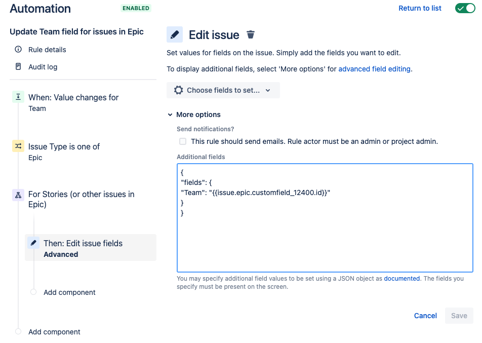 Automation for Jira: setting the advanced roadmaps team custom field