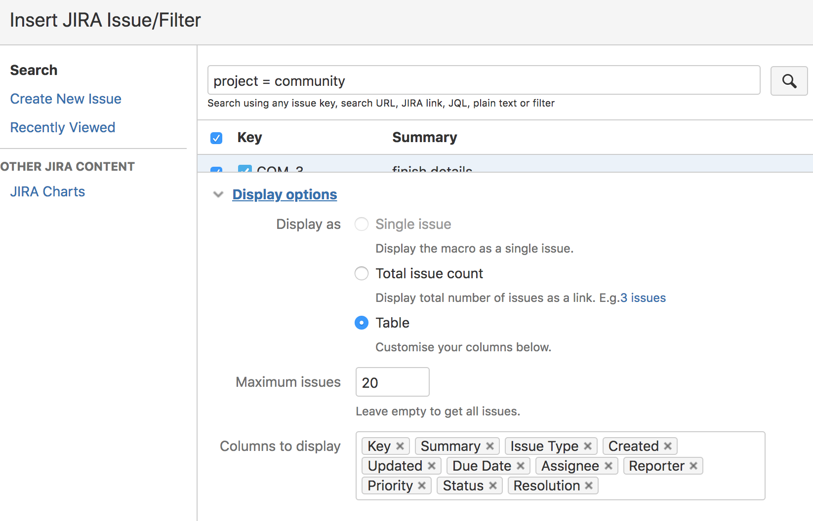 JIRA Issue/Filter does not auto expand