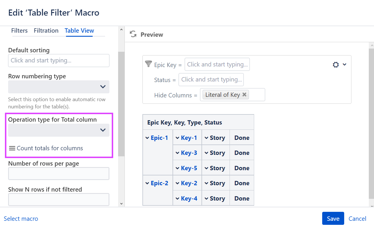JIRA query within a table filter