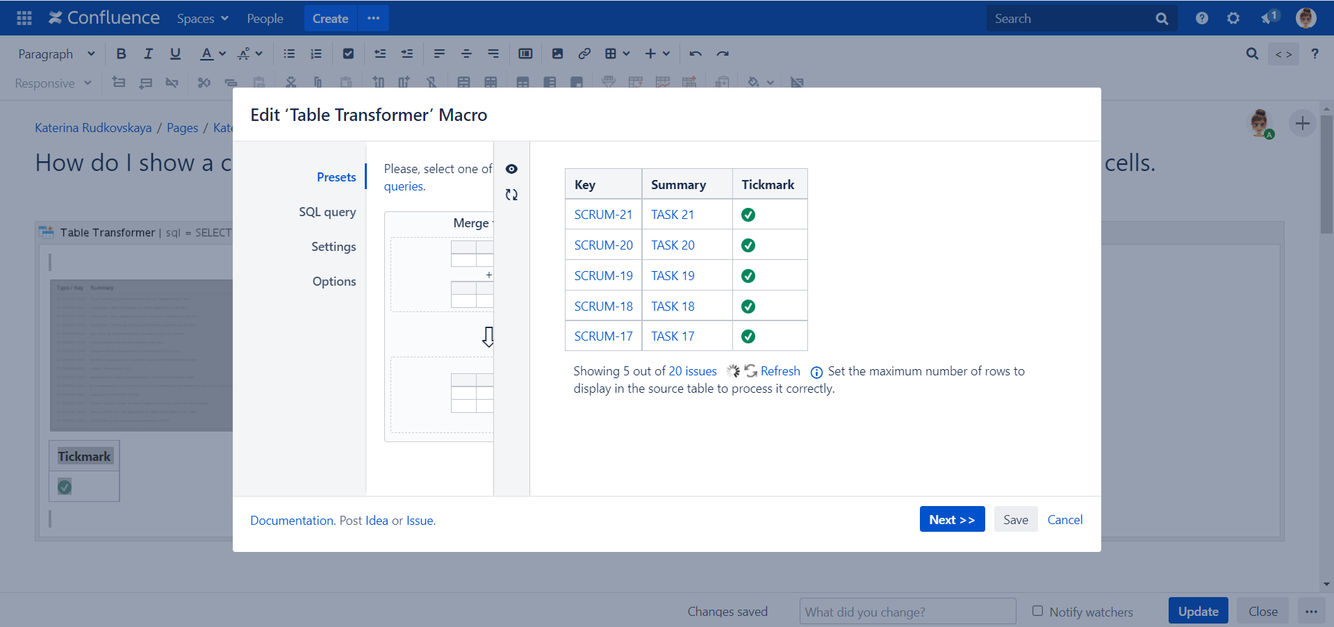 How do I show a checkmark in a table transformer u...