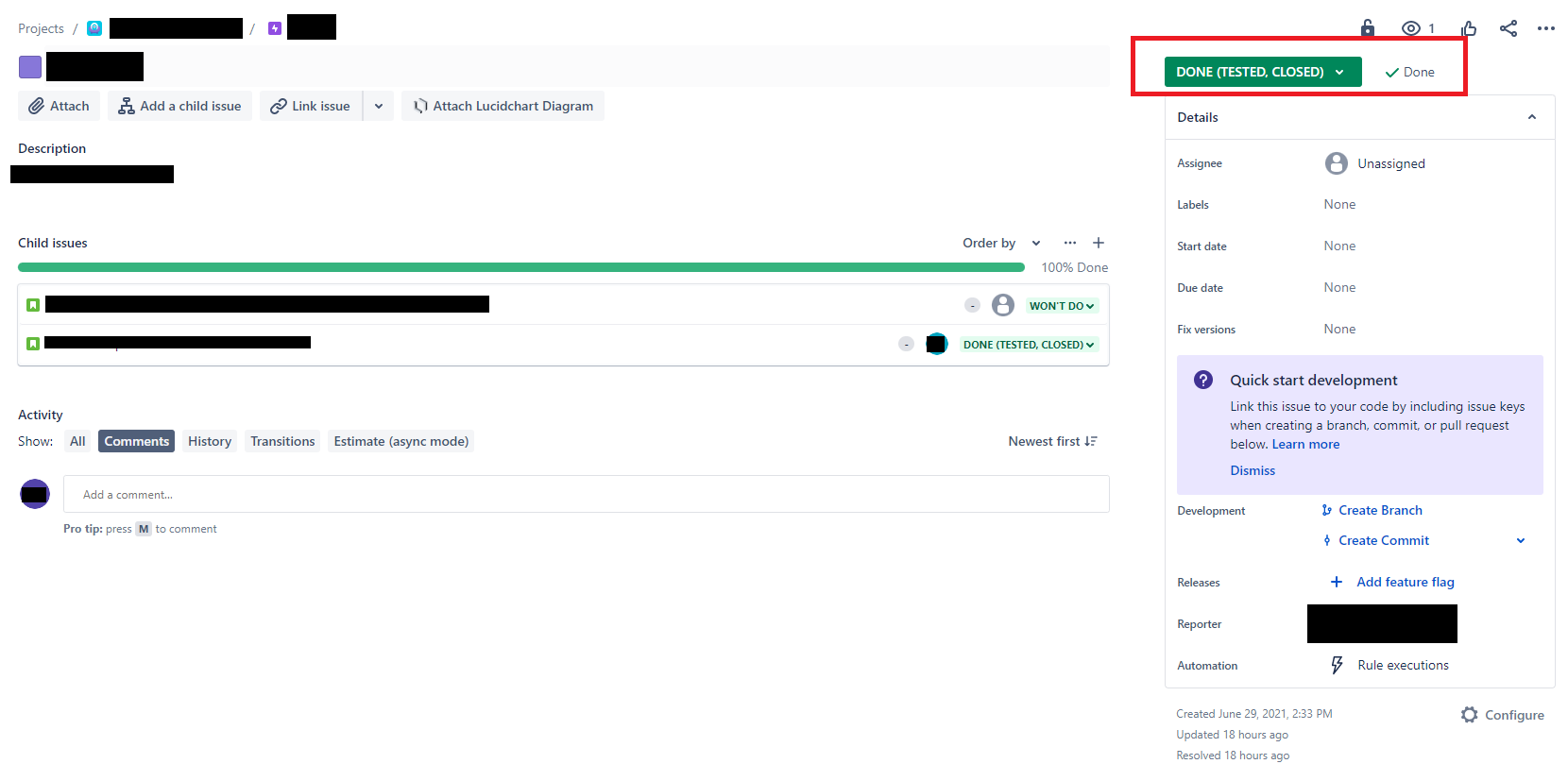 Epic still showing on Epic view as 100% complete