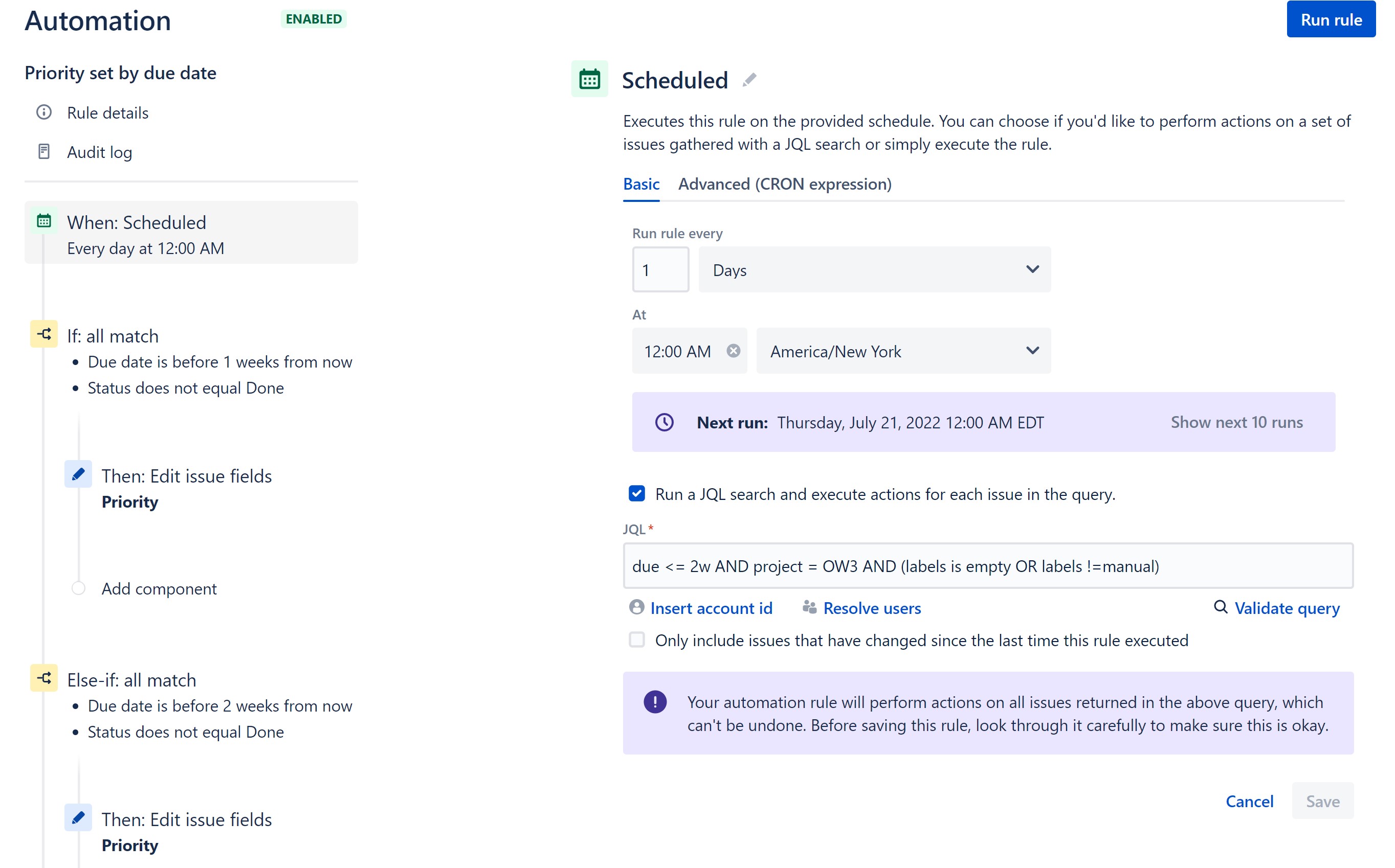 What to put in JQL field for a scheduled automatio...