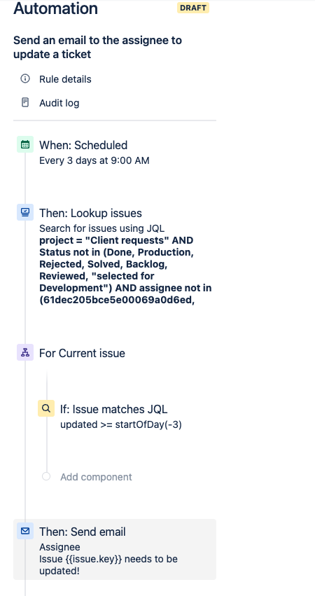 Jira automation > Send an email to the assignee if...
