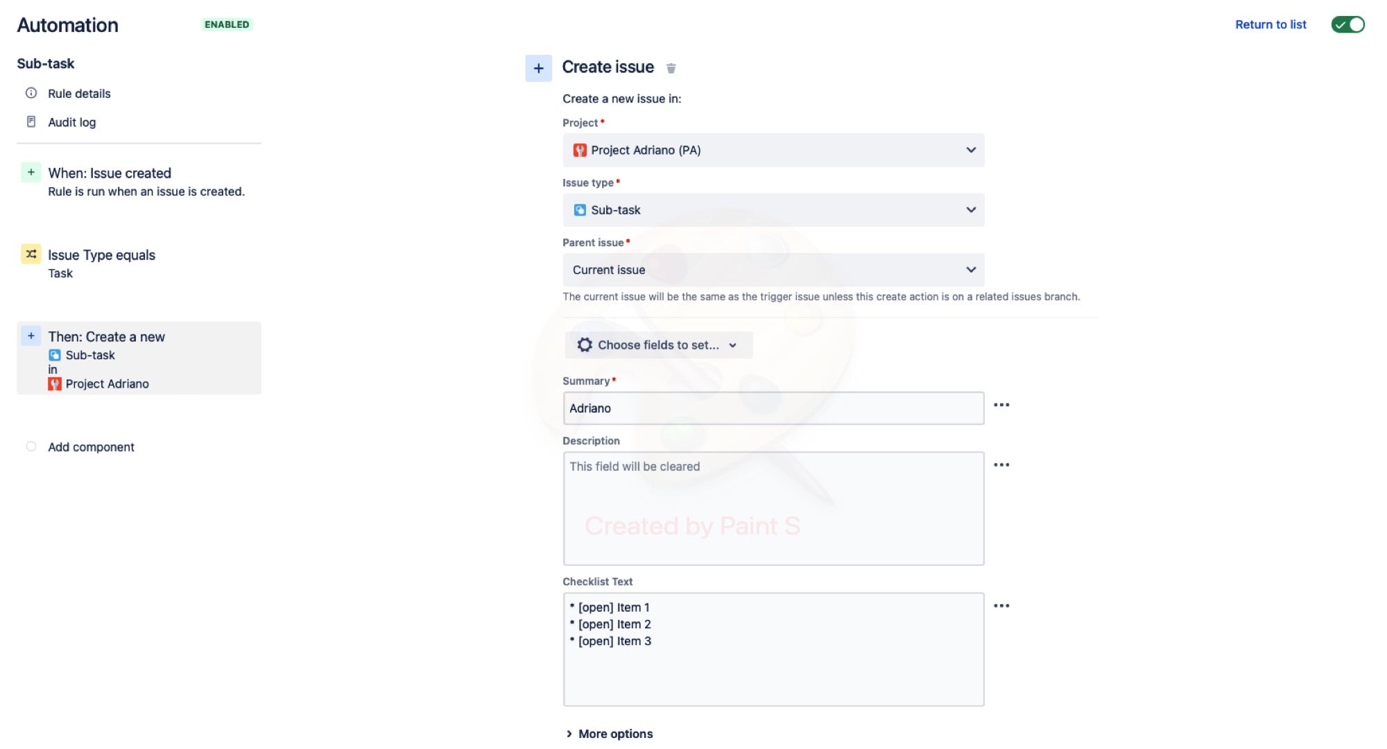 Create a checklist in a subtask with an automation