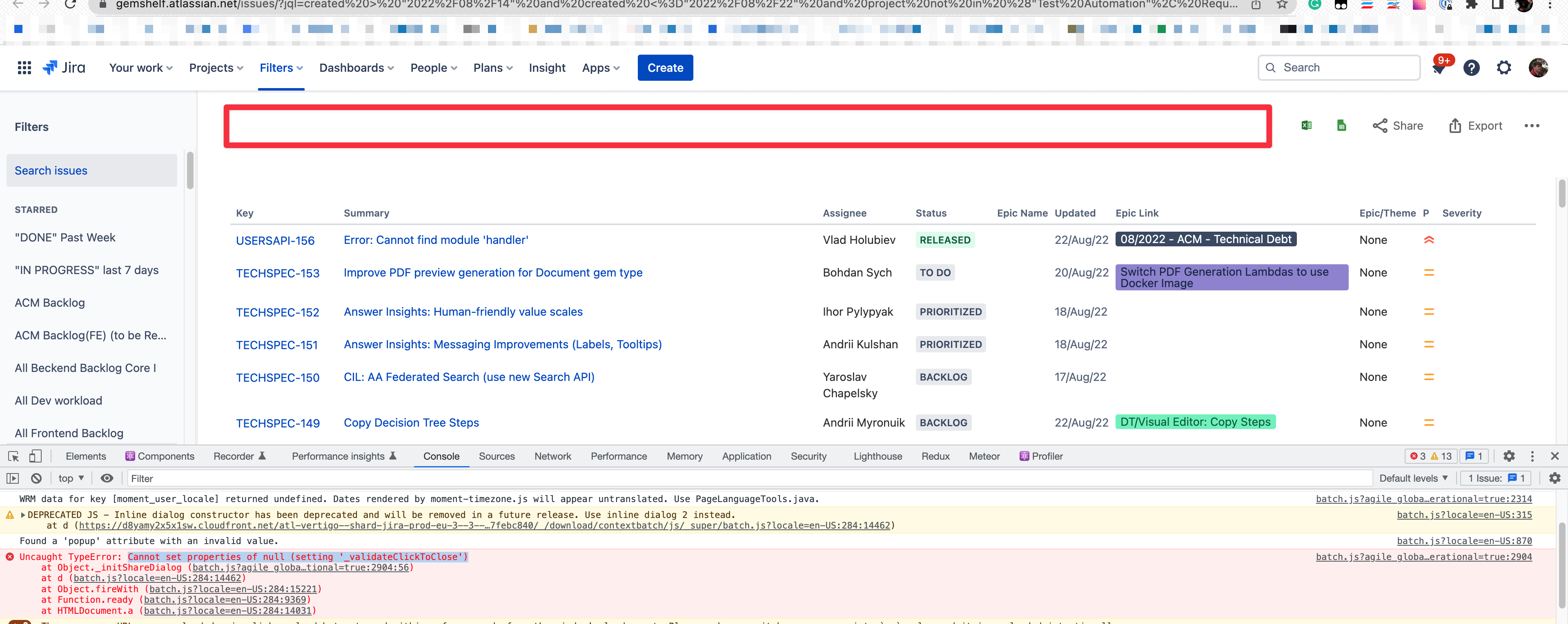 'Advanced issue search' is missing the filters