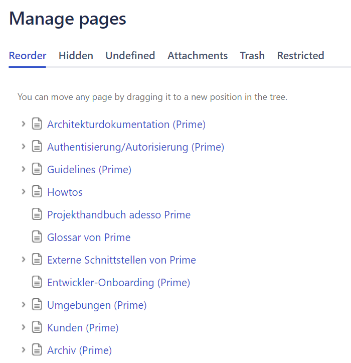 Pages hidden in page tree in new space