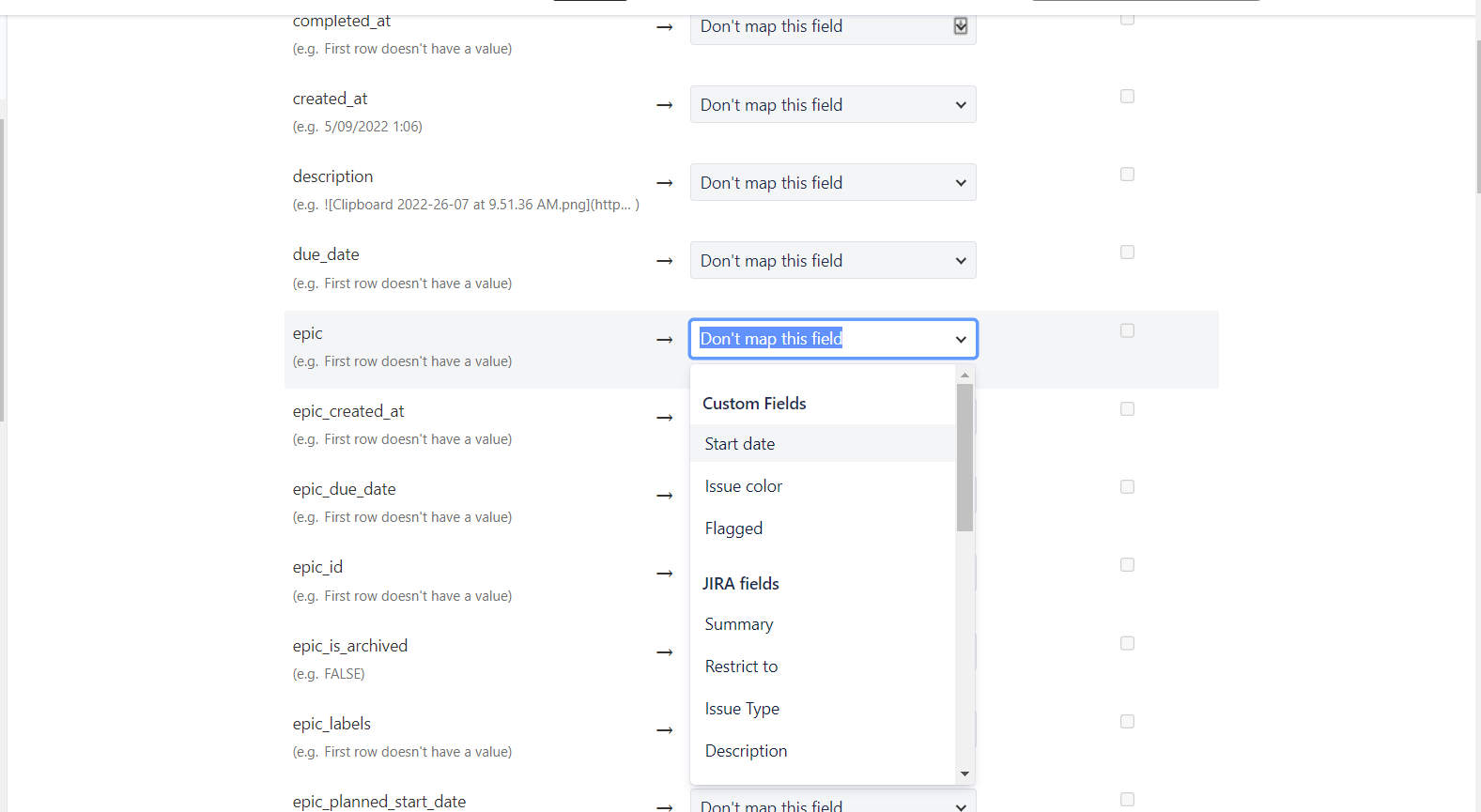 cannot map epic when importing csv file from sho...