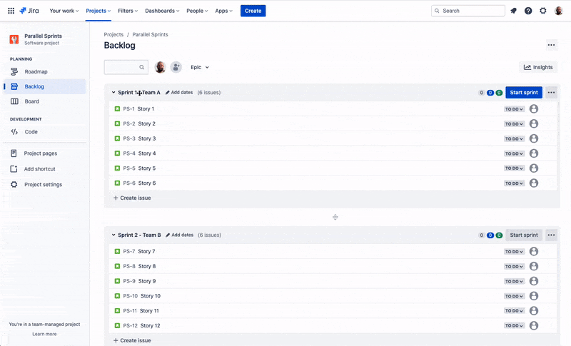 Run multiple sprints to divide and conquer in team-managed projects