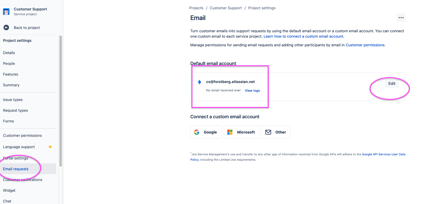 Unable to turn on "Email Support" for Jira Service...