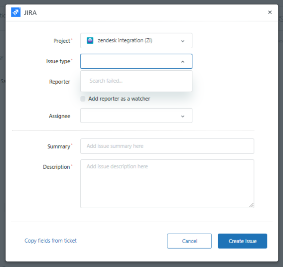 Unable to create jira issue for zendesk ticket.