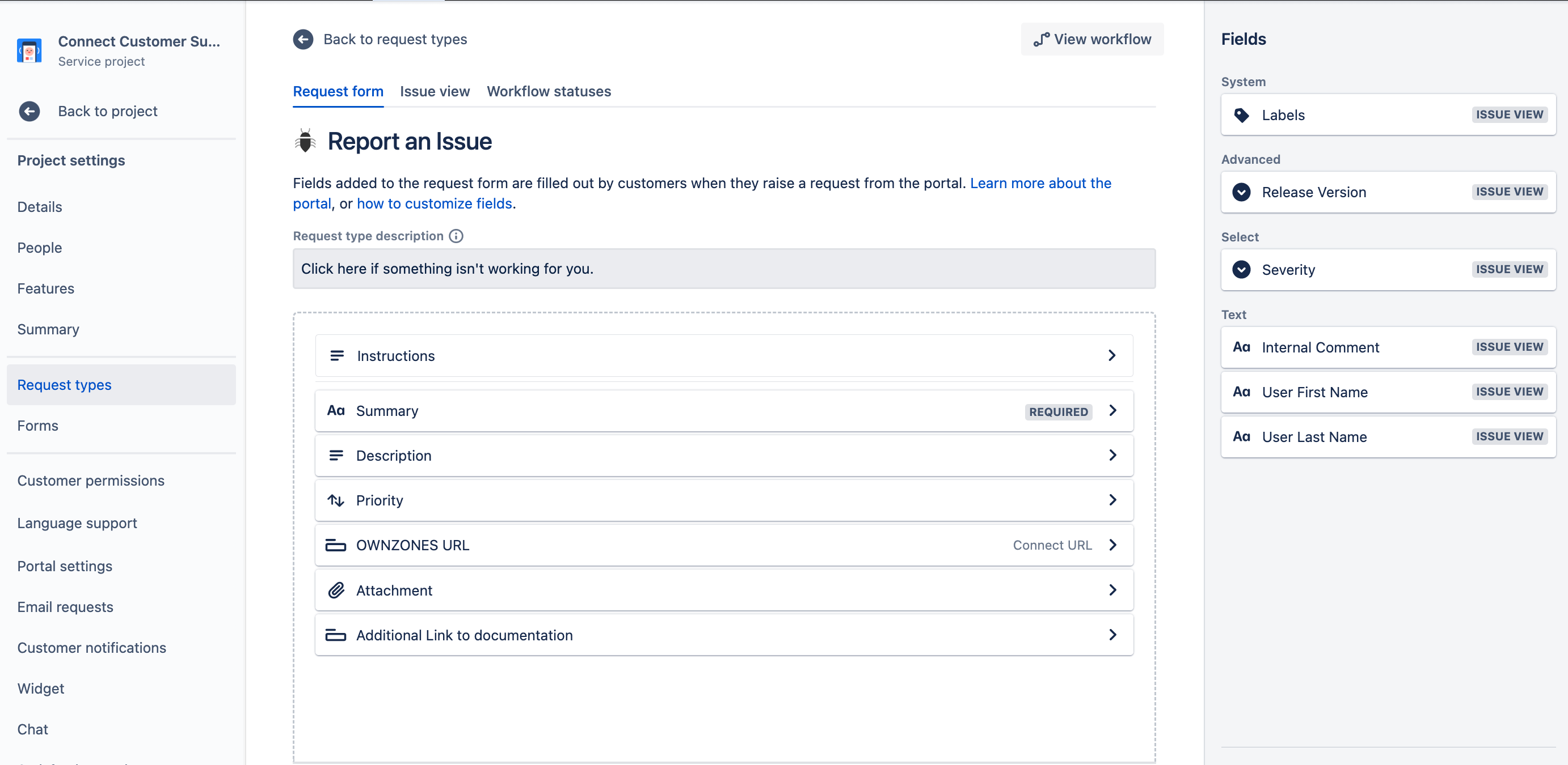 Project Settings Request Types Fields