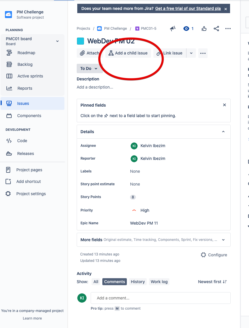 How can i change add a child issue to create issue...