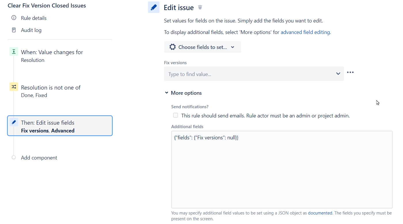 Solved: Post Functions/Automation: Clear Fix Version field...