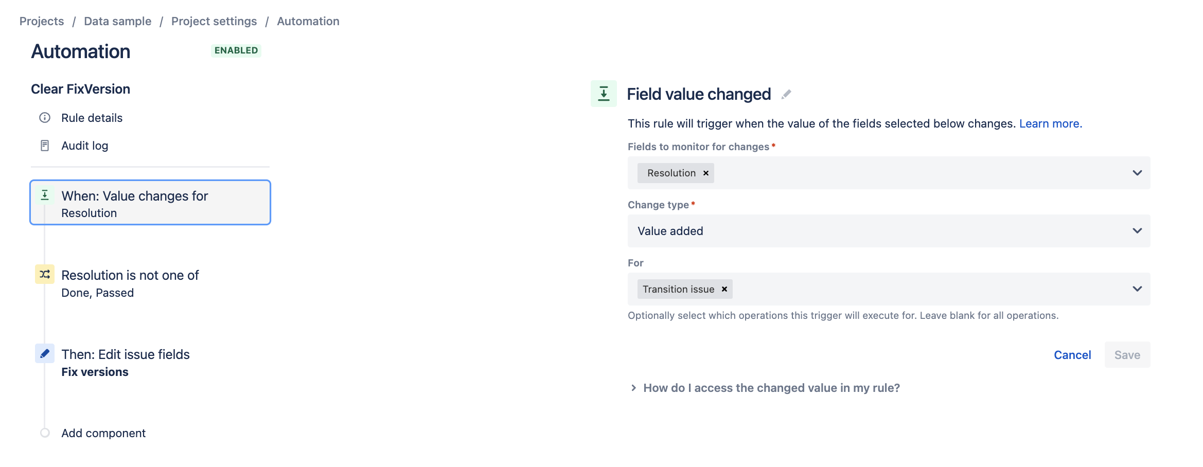 Solved: Post Functions/Automation: Clear Fix Version field...