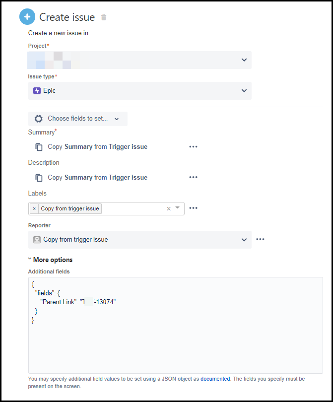 How do I link a parent issue with epic created in ...