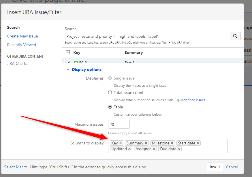Displaying table field from Jira in confluence