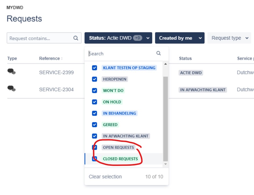 How can I remove Closed and Open requests status