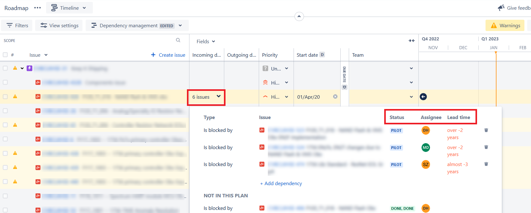 change fields in dependencies view - Adding due da...