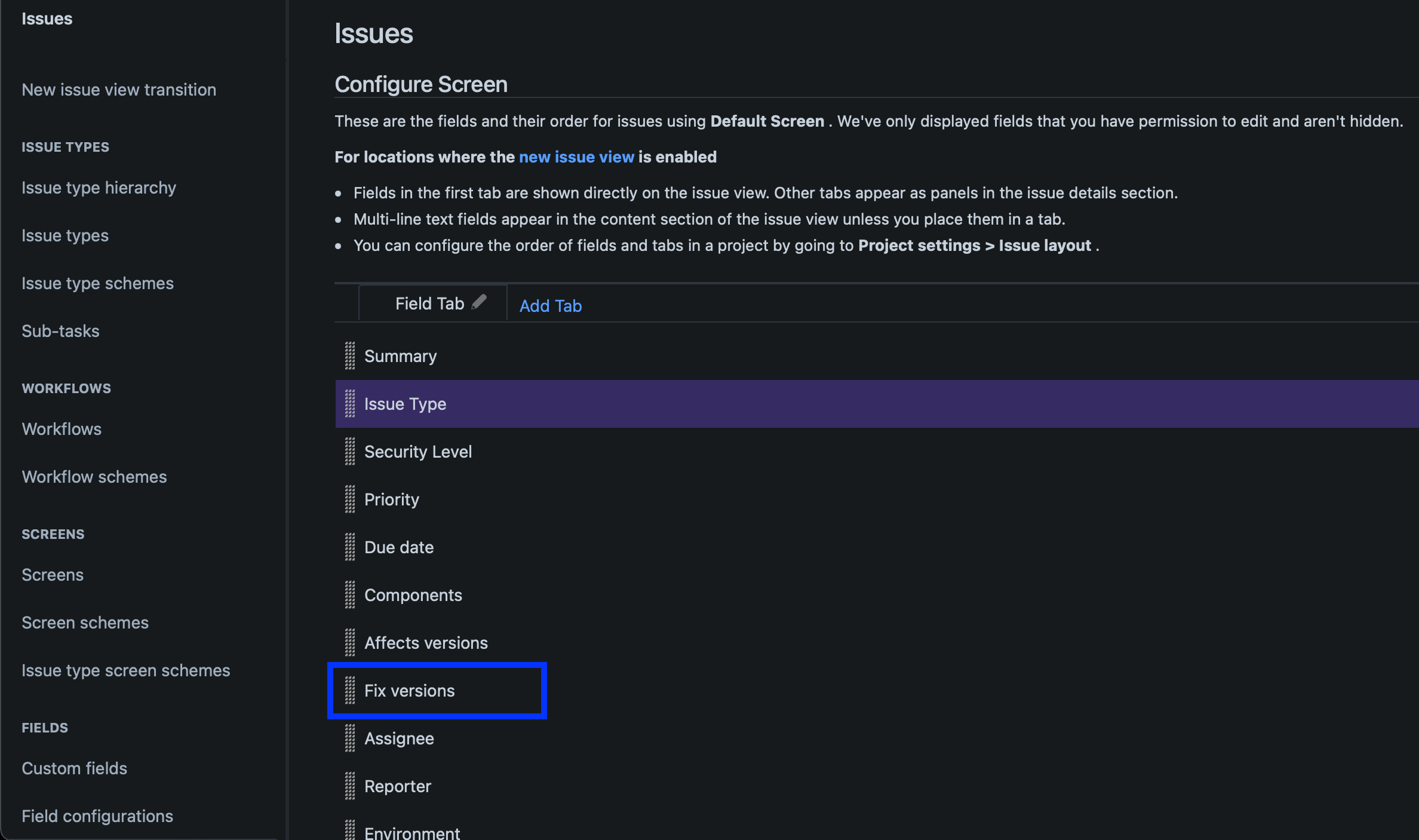 Fix version field is not enabled (not visible)