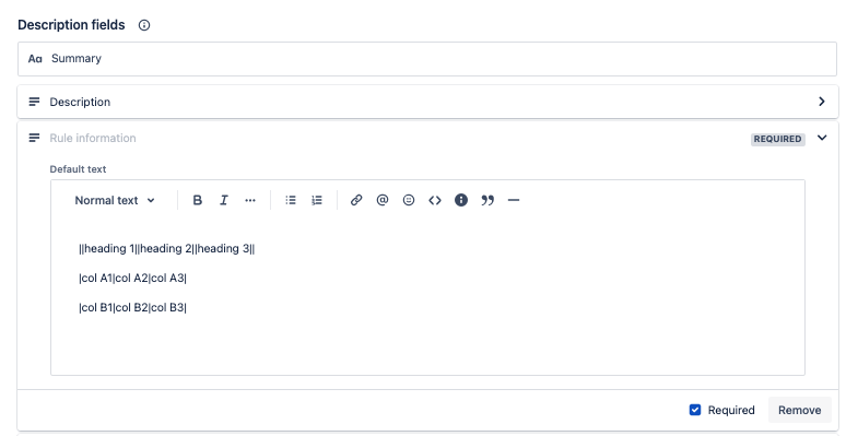 Create table in field of issue type in project set...