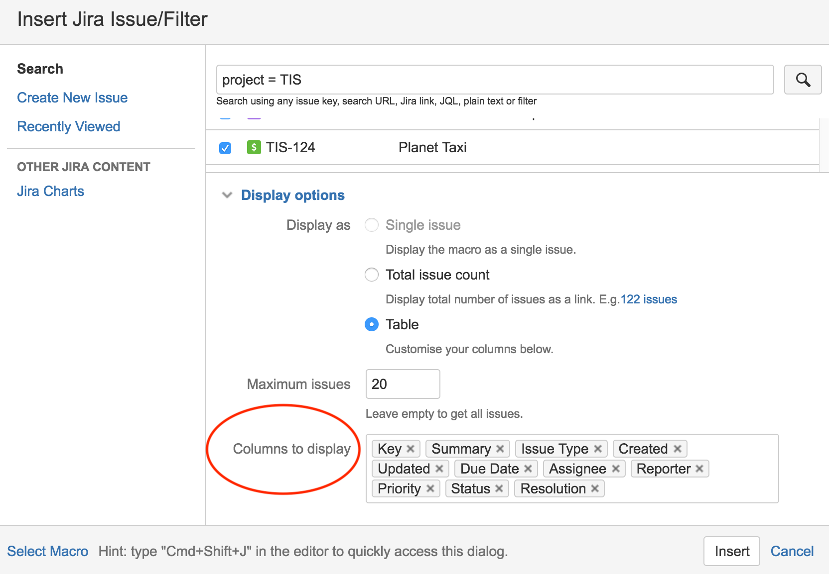 When Inserting Jira Issues In Confluence Using The