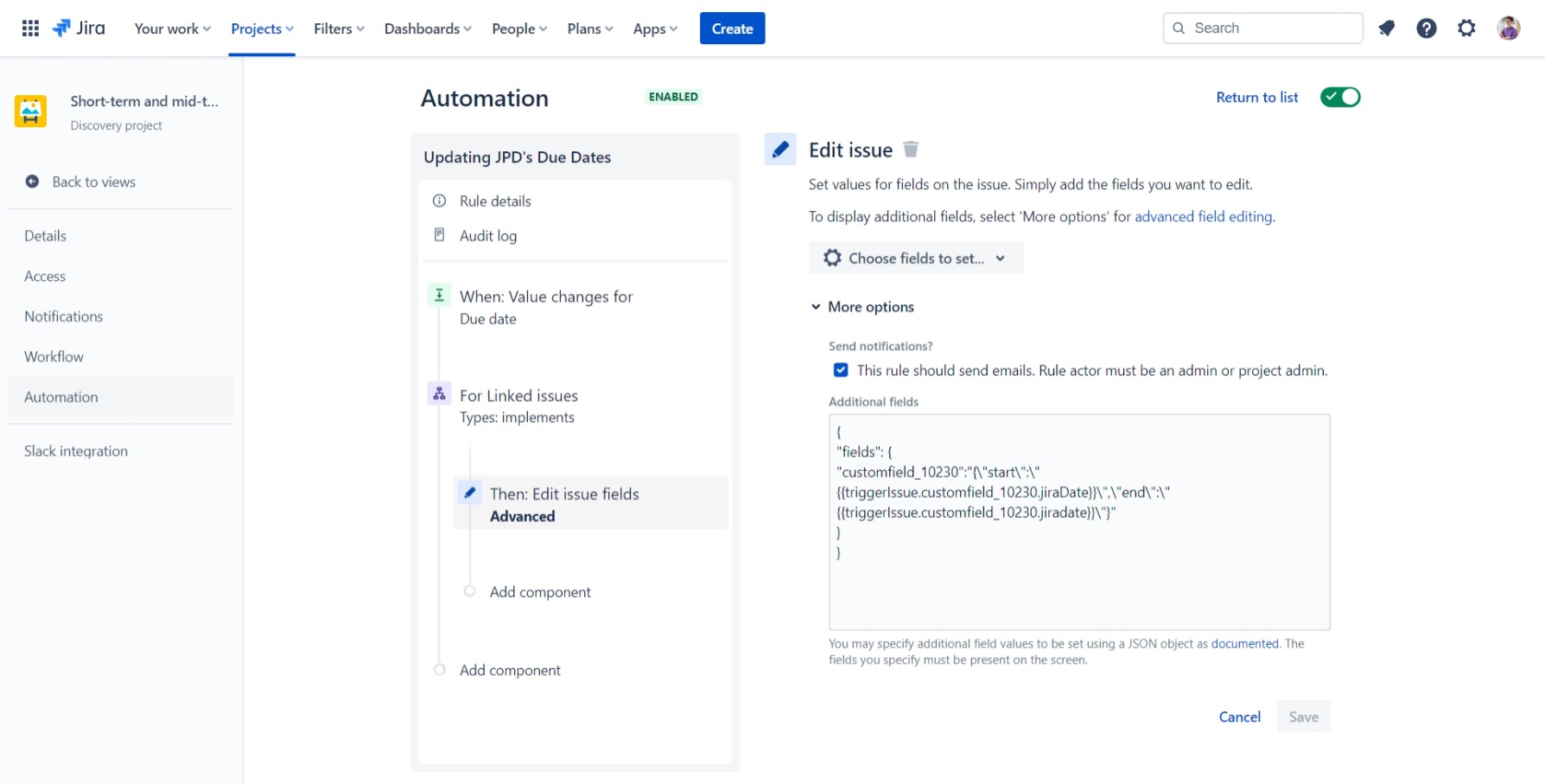 Automation: updating a JPD idea with Epic Due date