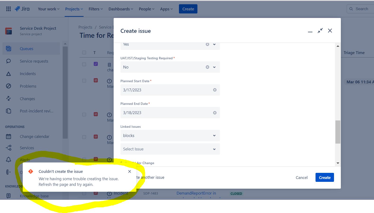 I can't able to create the Change Request it is sh...