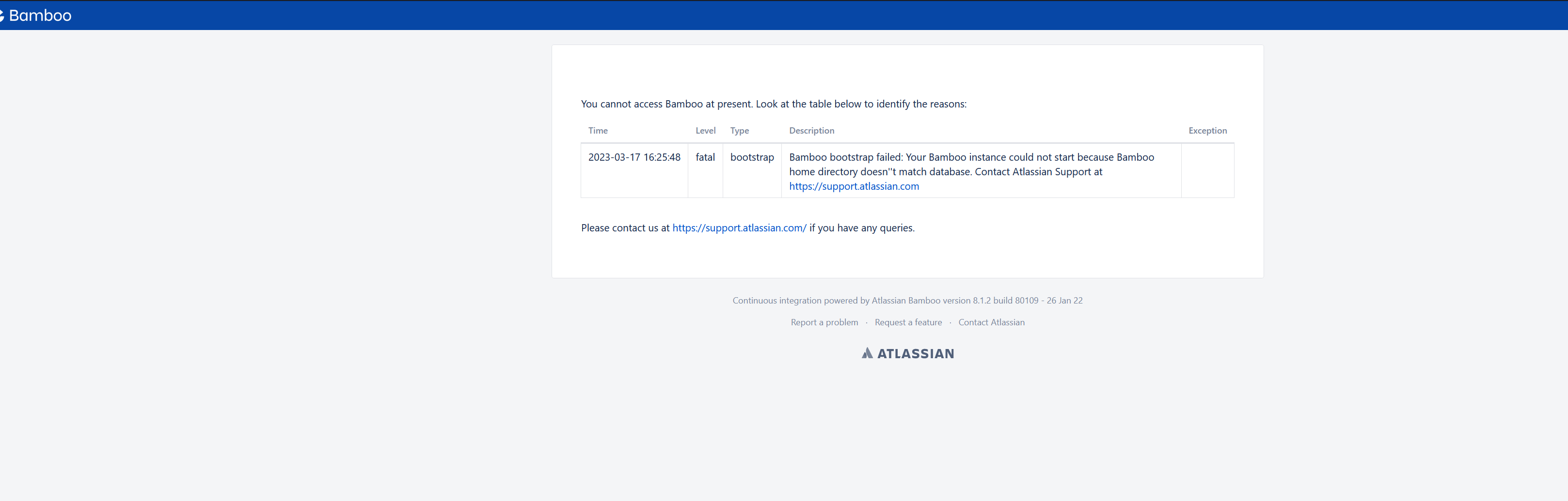 Solved: Bamboo bootstrap failed: Your Bamboo instance coul...