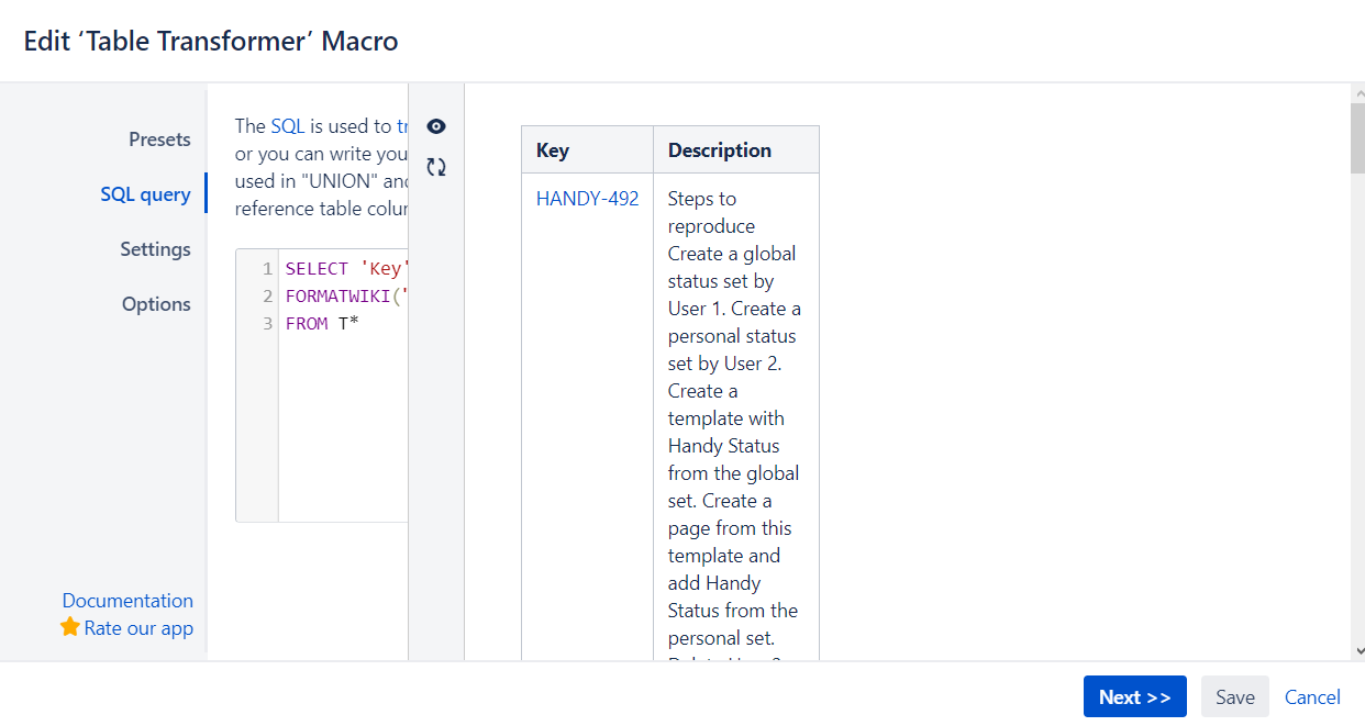 In Table Transformer macro, FORMATWIKI with {cell}...
